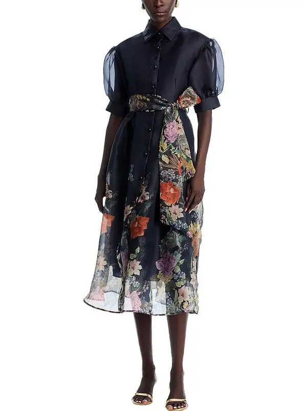 NANCY YANG Floral Print Button Front Dress - Black