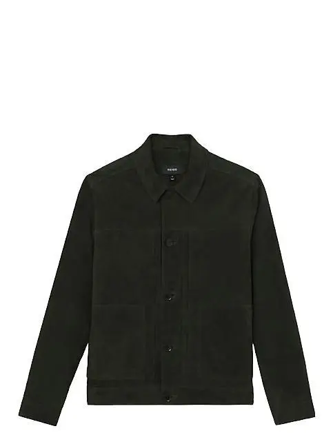 REISS Patch-pocket Suede Jacket - Dark Green