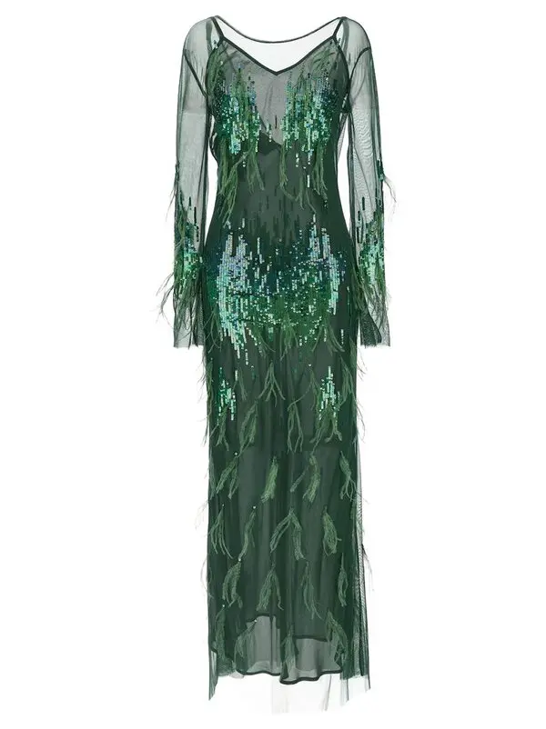 Pinko Long Tulle Dress With Sequins And Feathers - Green