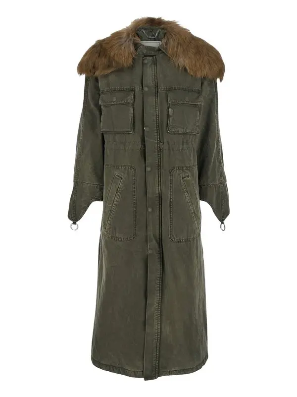 Blumarine Long Cotton Coat With Removable Fur - Green