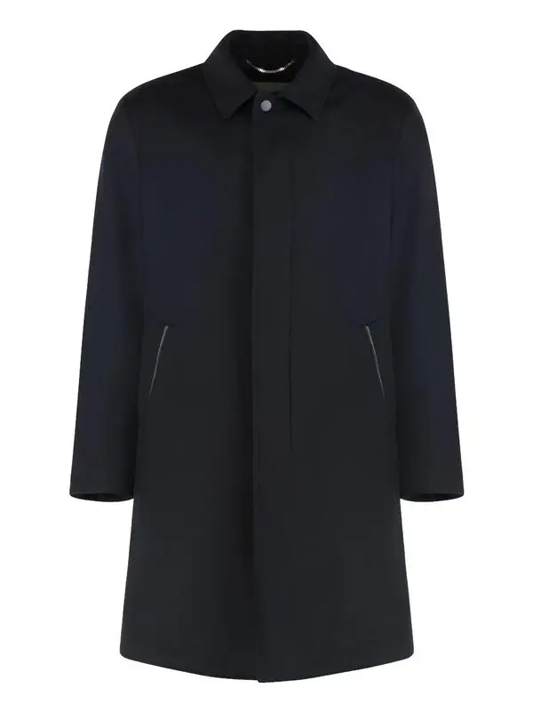 Canali Wool Coat With Leather Detailing - Blue