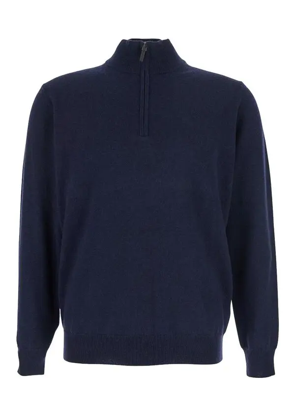 KANGRA Wool High Neck Half Zip Sweater - Blue