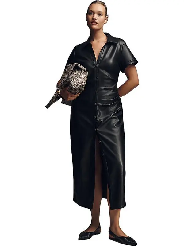 PILCRO Faux-leather Ruched Midi Shirt Dress - Black Onyx