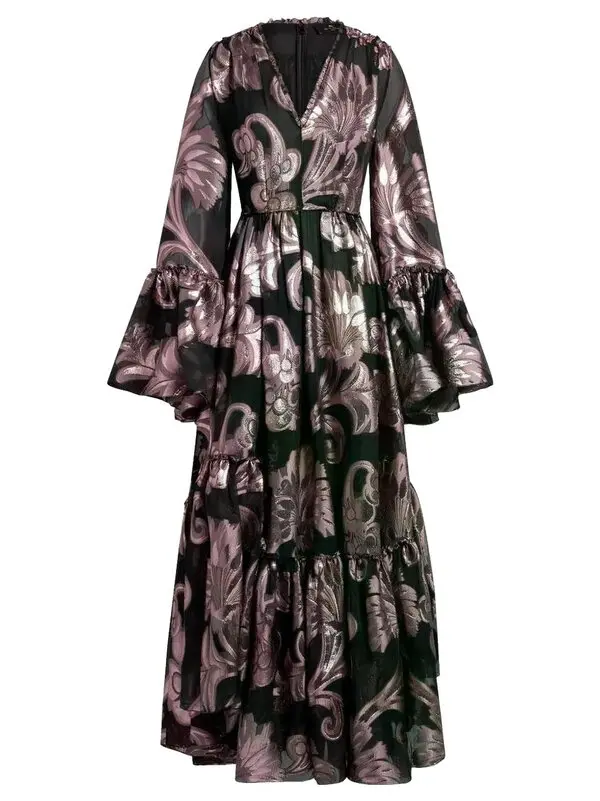 Etro Metallic-effect Floral-print Tiered Dress - Black