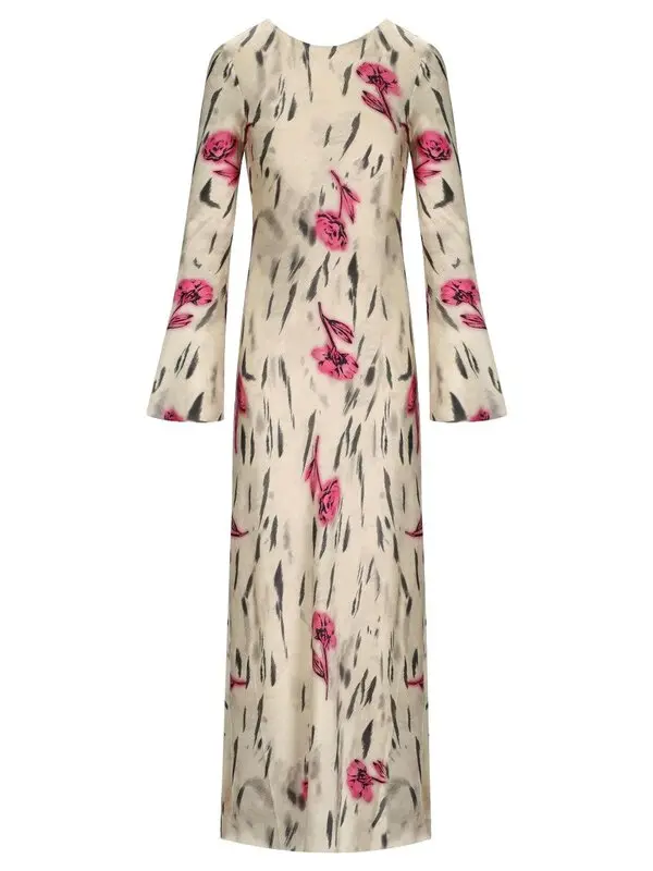 GANNI Long Satin Floral Dress - Ivory