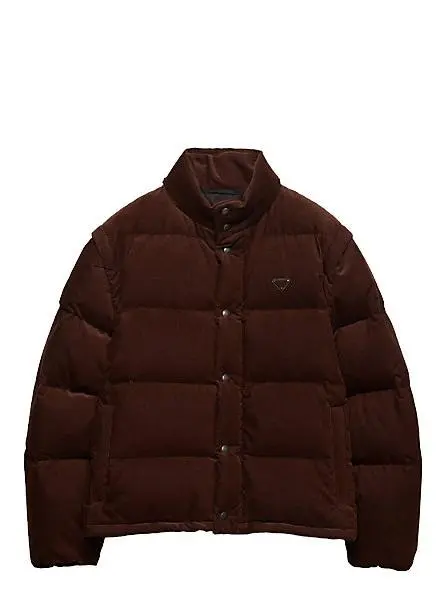 Prada Corduroy Down Jacket With Logo Plaque - Brown