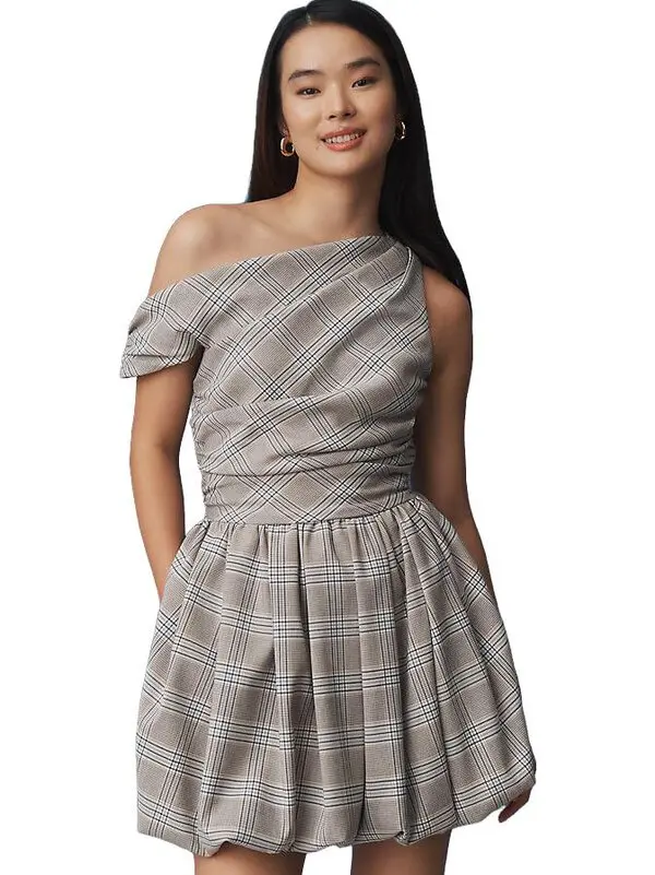 AMUR Melissa One-shoulder Draped Mini Dress - Grey Pattern