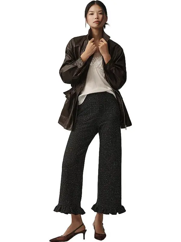 Maeve Colette Crop Tweed Ruffle-hem Pants - Black Pattern