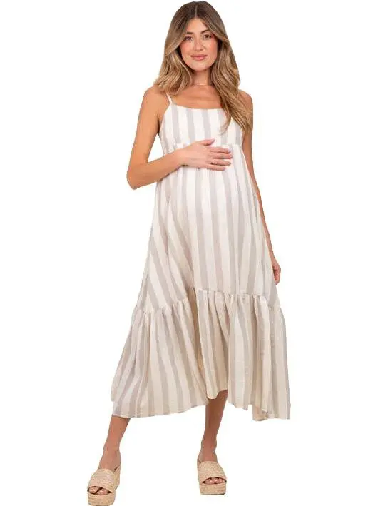 PINKBLUSH Linen Blend Stripe Sleeveless Maxi Dress - Beige
