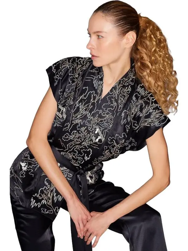 Natori Couture Nara Embroidered Silk Vest - Gray / Black / White