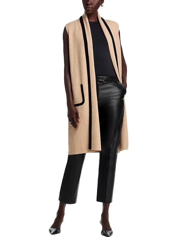 T Tahari Contrast Trim Long Cardigan - Stone Camel Heather