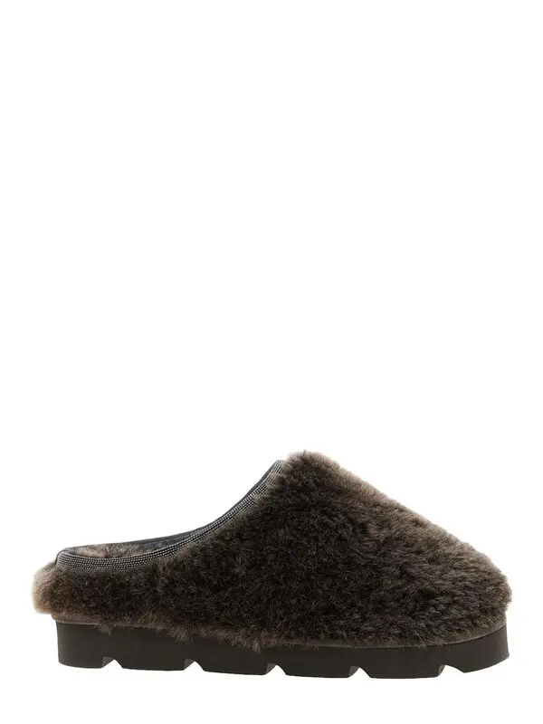 Brunello Cucinelli Shearling Slippers With Monili Detail - Brown