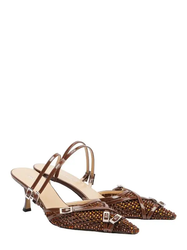 Mach & Mach Crystal Net 65 Leather-trimmed Mules - Brown