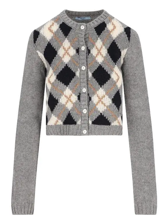 Prada Cashmere Argyle Cardigan - Gray