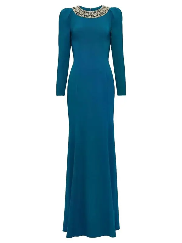 Jenny Packham Embellished-neck Puff-shoulders Maxi Dress - Blue