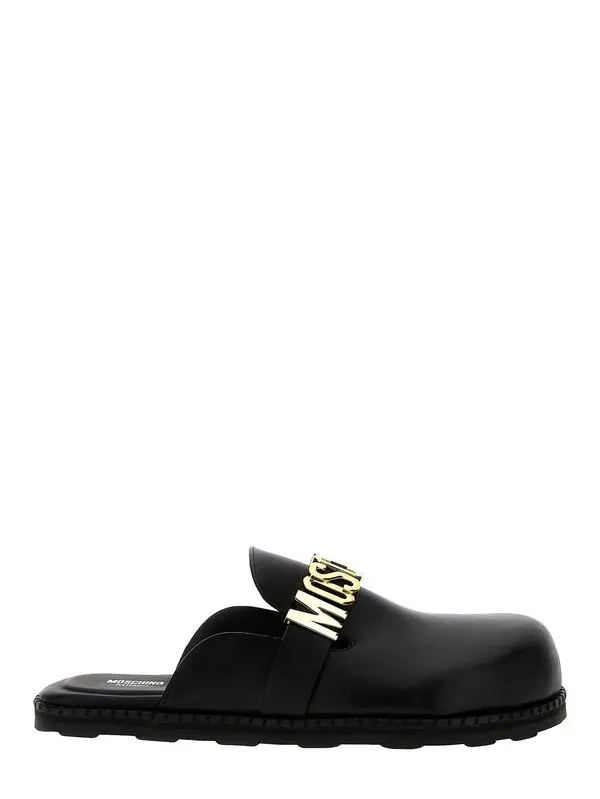 Moschino Leather Sabots With Logo Appliqu - Black
