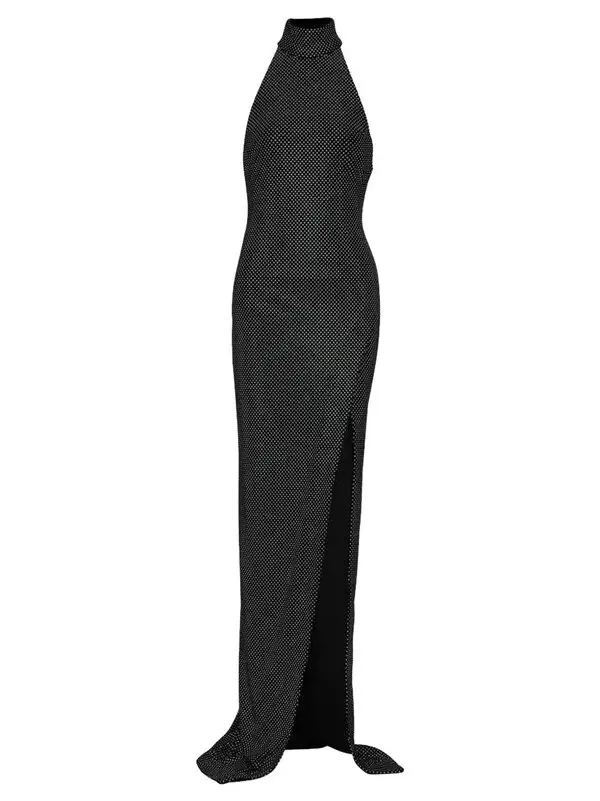 Balmain Long Velvet Halterneck Dress With Rhinestones - Black