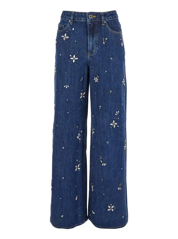 SELF-PORTRAIT Crystal-embellished Wide-leg Jeans - Blue