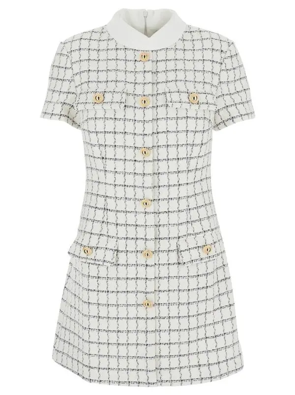 SELF-PORTRAIT Mini Dress With Jewel Buttons And Check Motif - White