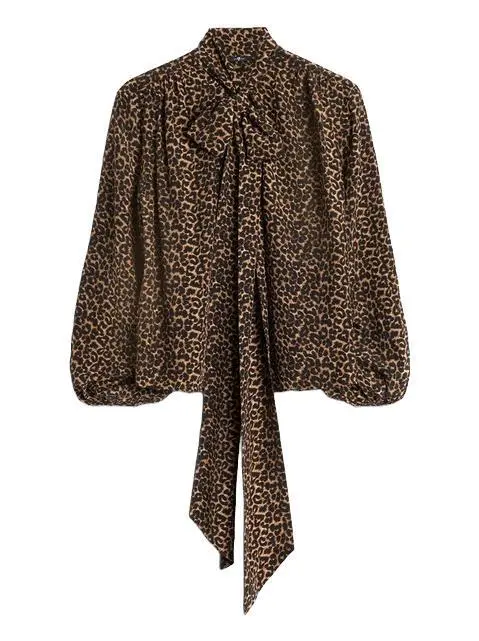 7 For All Mankind Silk Bow Leopard Print Blouse - Red