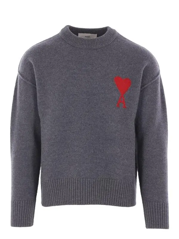 Ami Felted Wool Knit Sweater - Gris Chine+rouge