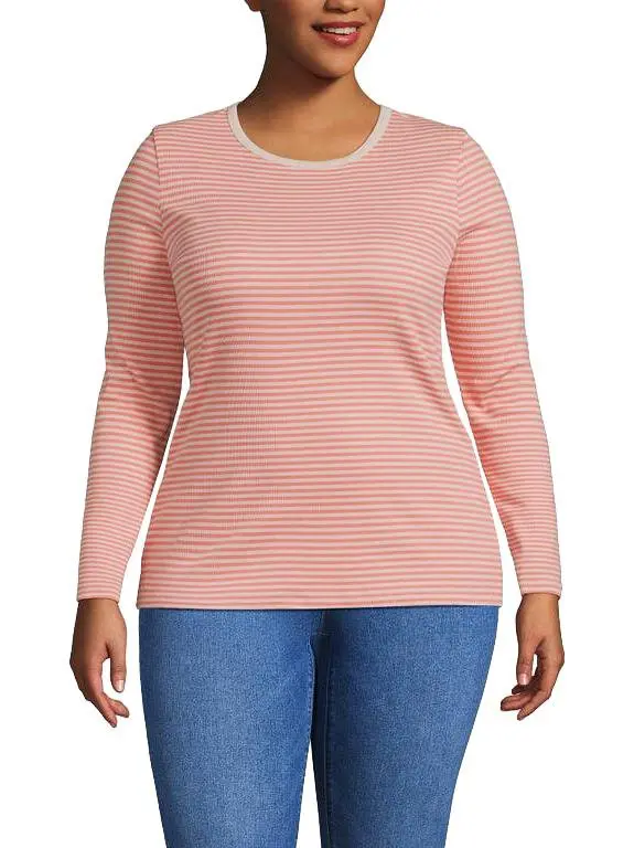 LANDS' END Long Sleeve Micro Rib T-shirt - Coral Clay/blush Tiny Stripe