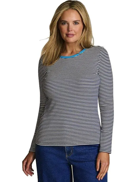 LANDS' END Long Sleeve Micro Rib T-shirt - Deep Sea Navy Tiny Stripe