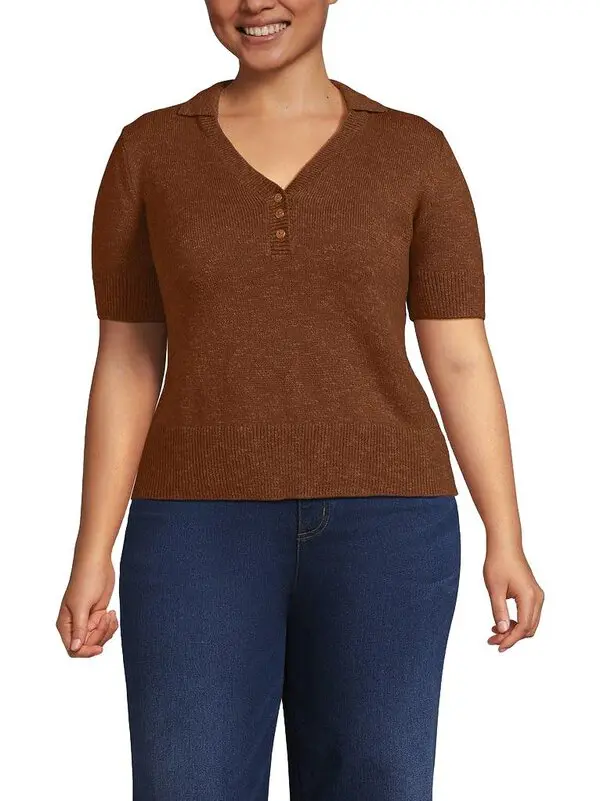 LANDS' END Cotton Blend Short Sleeve Polo Sweater - Rich Ginger Brown