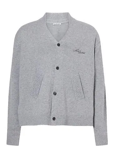 Acne Studios V-neck Embroidered-logo Wool Cardigan - Dark Grey Melange