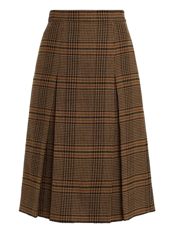 Saint Laurent Houndstooth Pleated Wool-blend Midi Skirt - Marron Beige Roux