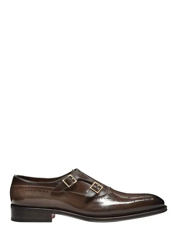 Santoni Kaj Brogue Leather Double-buckle Monk Strap Loafers - Dark Taupe