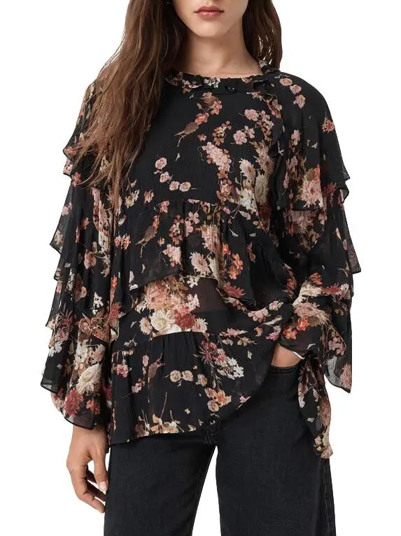 All Saints Lissie Floral Print Ruffle Top - Armada Black