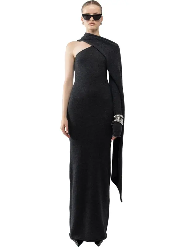 Arakii Scarf Draped Merino Wool Maxi Dress - Dark Grey