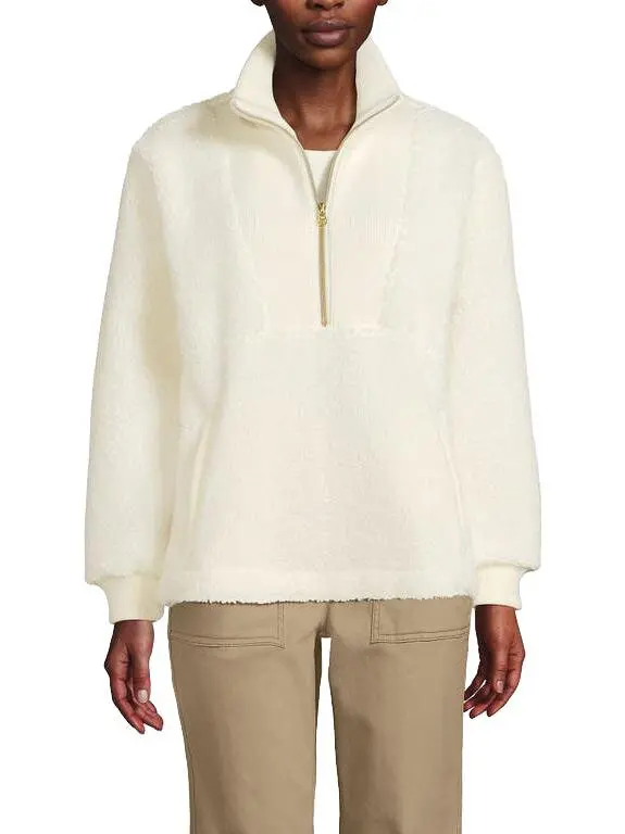 LANDS' END Rib Collar High Pile Fleece Pullover - Fresh Ivory