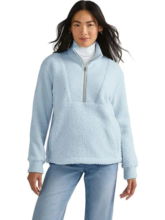 LANDS' END Rib Collar High Pile Fleece Pullover - Serene Blue
