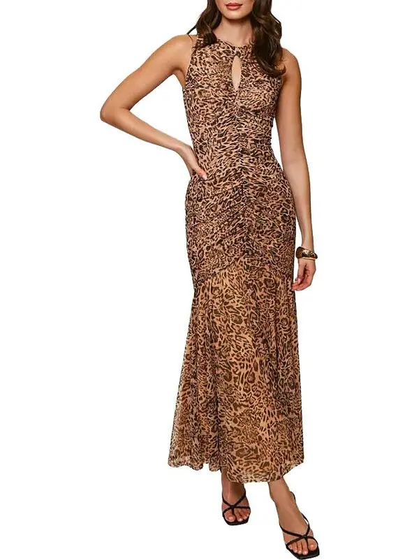 HUTCH Julia Ruched Mesh Maxi Dress - Natural Realistic Leopard Swirl
