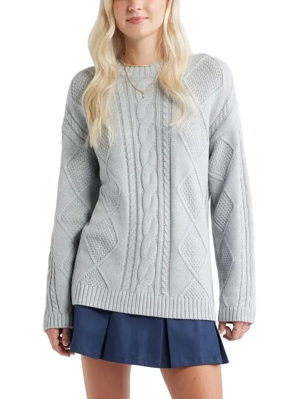 Bp. Cabled Oversized Cotton-blend Crewneck Sweater - Grey Soft Heather