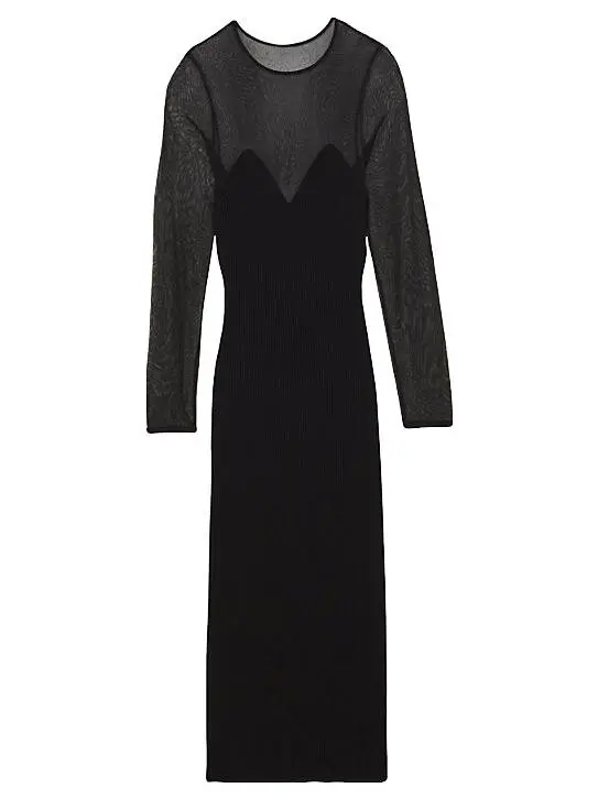 REISS Lila Sheer-sleeve Slim-fit Stretch-knit Midi Dress - Black