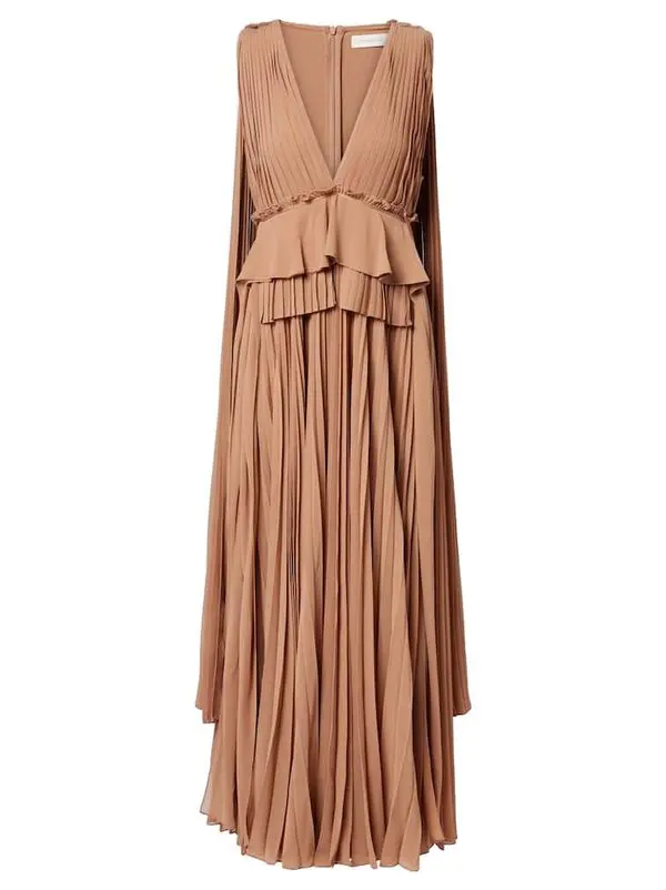 Zimmermann Memento Plissé Caped Maxi Dress - Beige