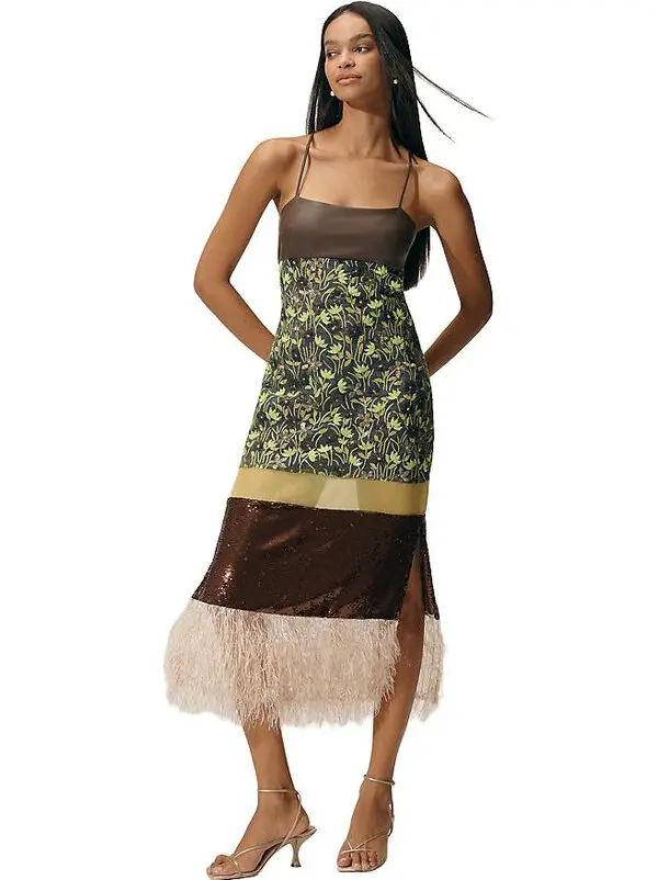 Anthropologie Mixed Floral Faux-feather Midi Dress - Green Pattern