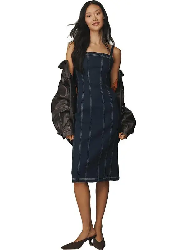PILCRO Square-neck Seamed Denim Midi Dress - Dark Denim