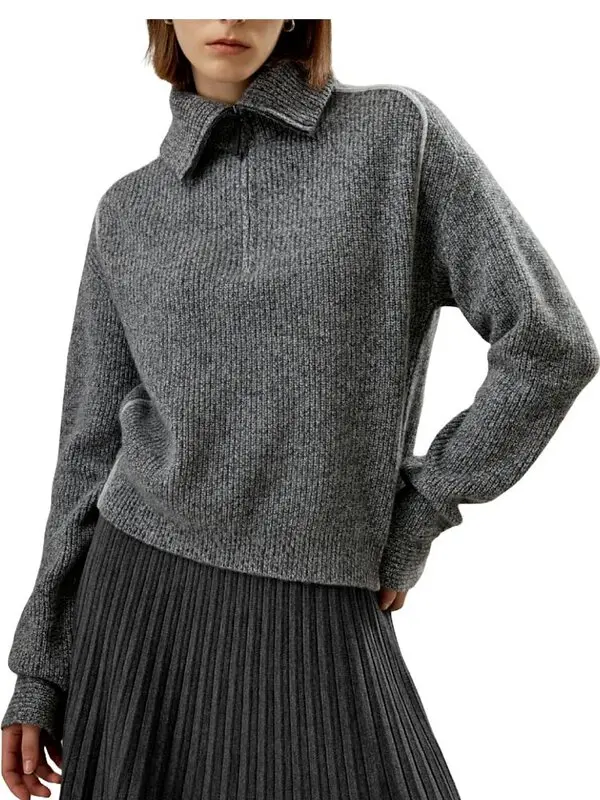 Lilysilk Cashmere Half Zip-up Ribbed Sweater - Mixed Gray