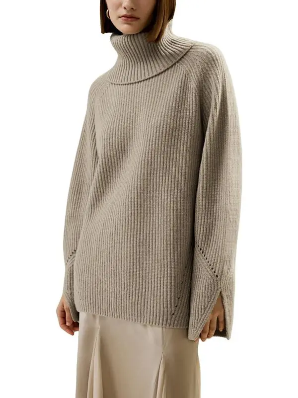 Lilysilk Oversized Merino Wool Fisherman's Rib Pullover - Camel
