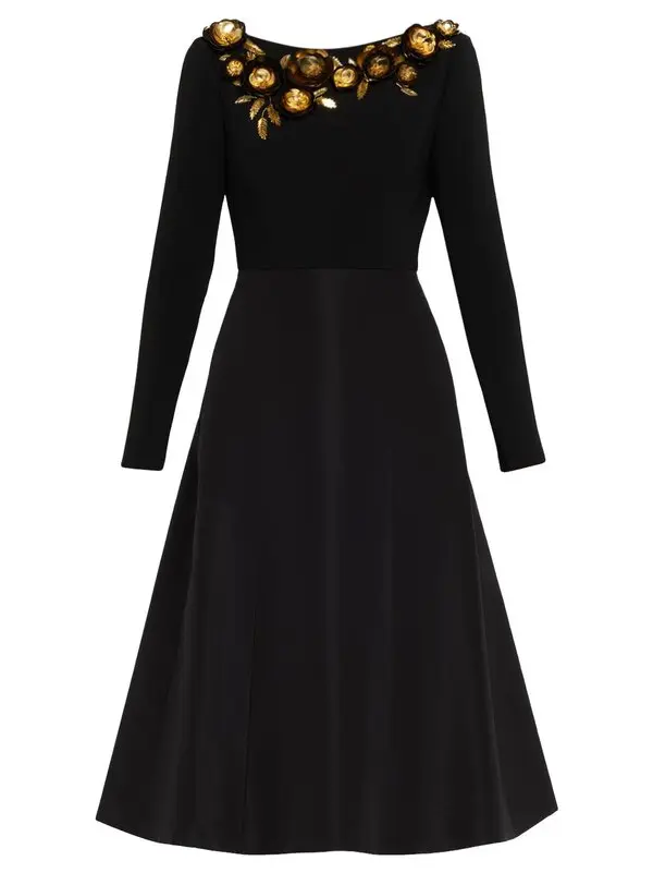 Carolina Herrera Floral Embellished Long-sleeve Midi Dress - Black Multi