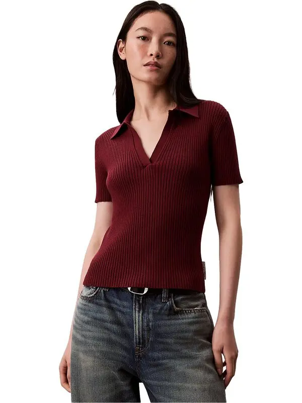 Calvin Klein Smooth Cotton Ribbed Polo Sweater - Deep Rouge