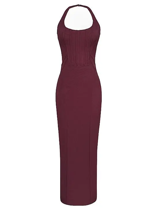 House Of Cb Lusilla Halterneck Stretch-mesh Midi Dress - Grape