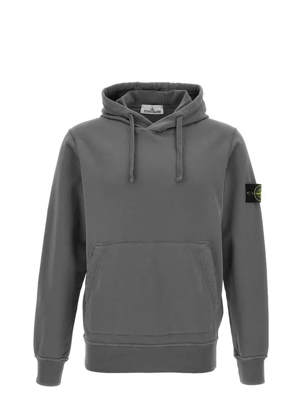 Stone Island Fleece Cotton Hoodie With Logo Badge - Gray