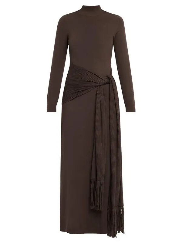 Lela Rose Mock-neck Midi Dress With Fringe Sash - Cocoa