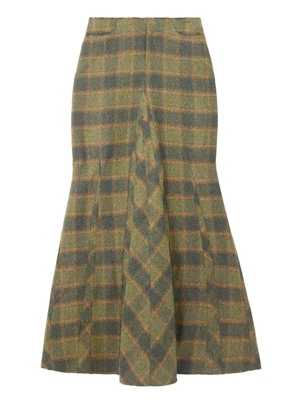Our Legacy Rebel Distressed Paneled Checked Cotton-flannel Midi Skirt - Green