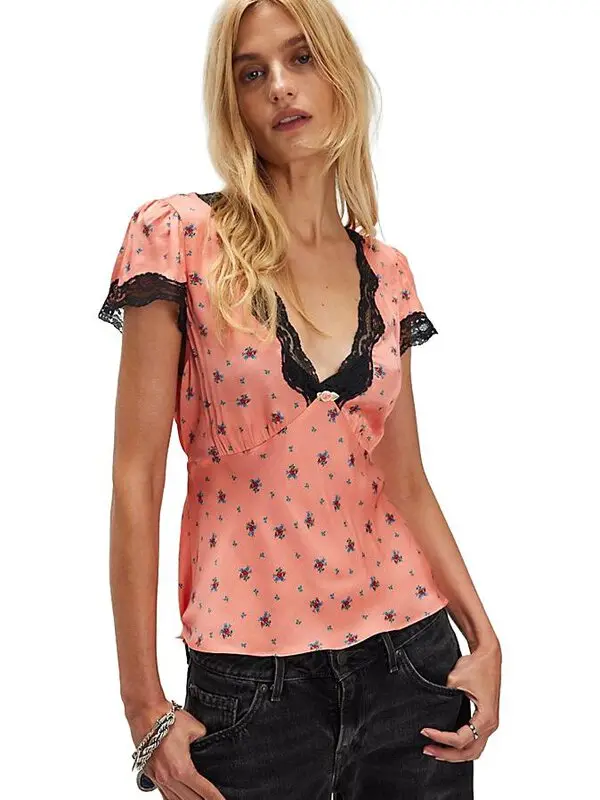 Rixo Karia Top - Peonies Ditsy Coral